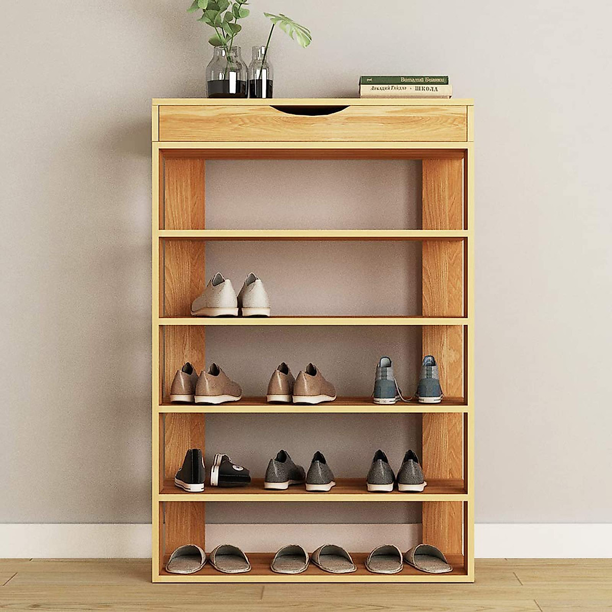 soges 5 Tiers Shoe Racks Wood Shoe Storage Shelf Shoes Organizers 29.5inch Shoes Racks for Entryway, with Flip Top Storage, Teak