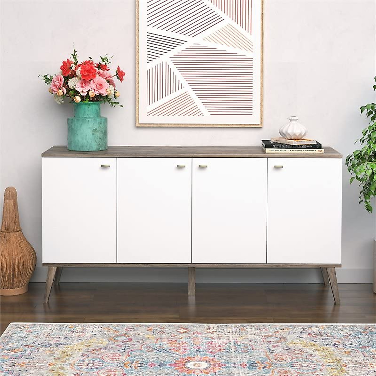 Prepac Milo Mid-Century 4 Door Buffet, 16" D x 64" W x 32" H, Drifted Gray/White
