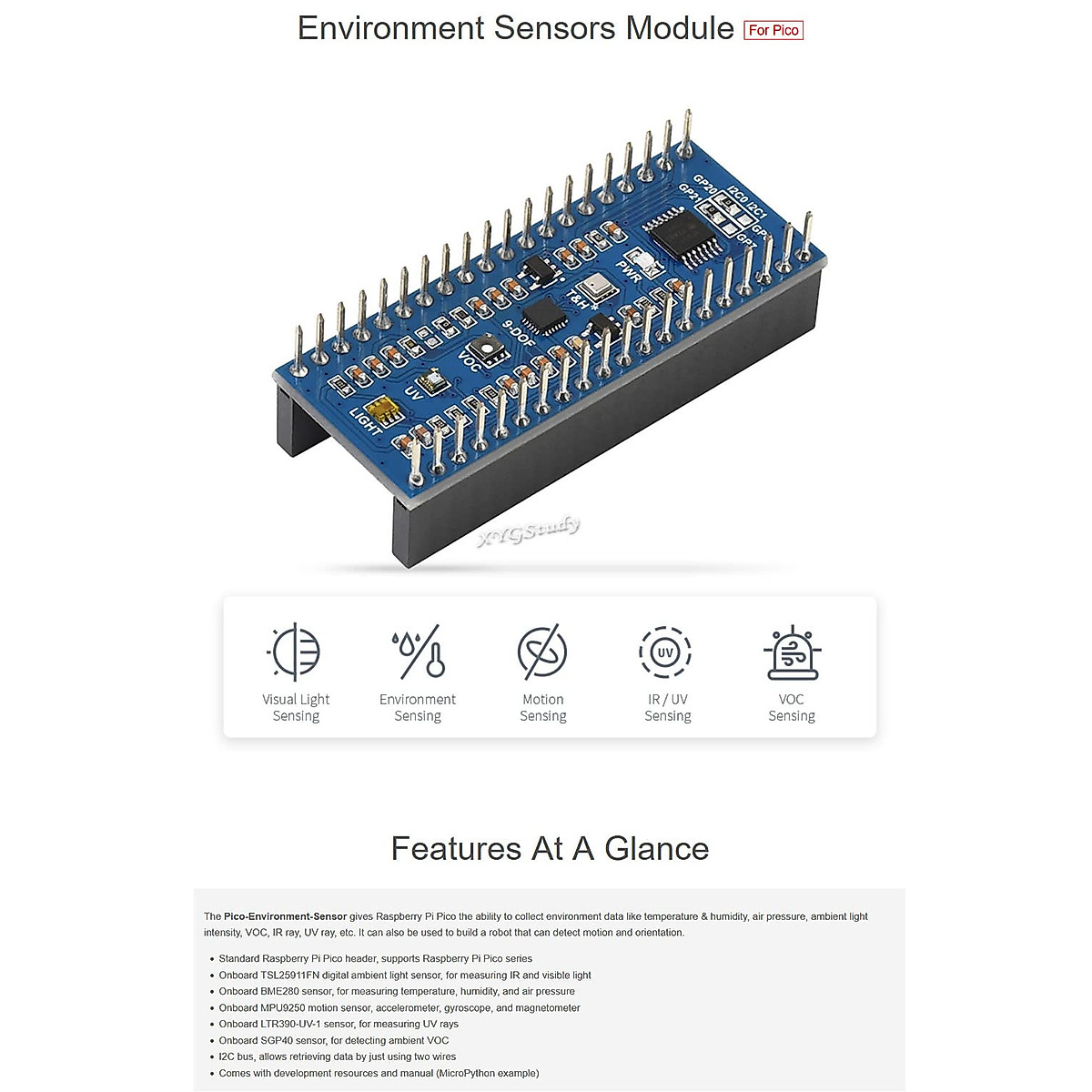 Environment Sensors Module for Raspberry Pi Pico via I2C Bus @XYGStudy (Pico-Environment-Sensor)