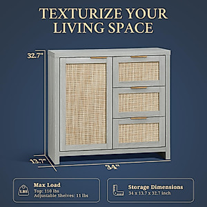 OAKHAM HOME Hampstead 3 Drawer Storage Cabinet Accent Storage Cabinet with Rattan Drawers, Buffet Kitchen Cabinet Sideboard Buffet with Adjustable Interior Shelves for Living Room, Hallway, Pale Oak