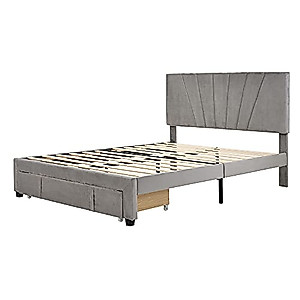Rhomtree Queen Size Bed Frame with 1 Big Storage Drawer, Velvet Upholstered Storage Bed Frame, Easy Assembly, Queen Size Frame (Gray)