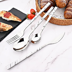 BRIIEC 24Pcs White Imitation Marble Pattern Handle Flatware Silverware Set, Stainless Steel Cutlery Set for 6, Square Handle Eating Utensils, Mirror Polished for Home Kitchen Bar Restaurant