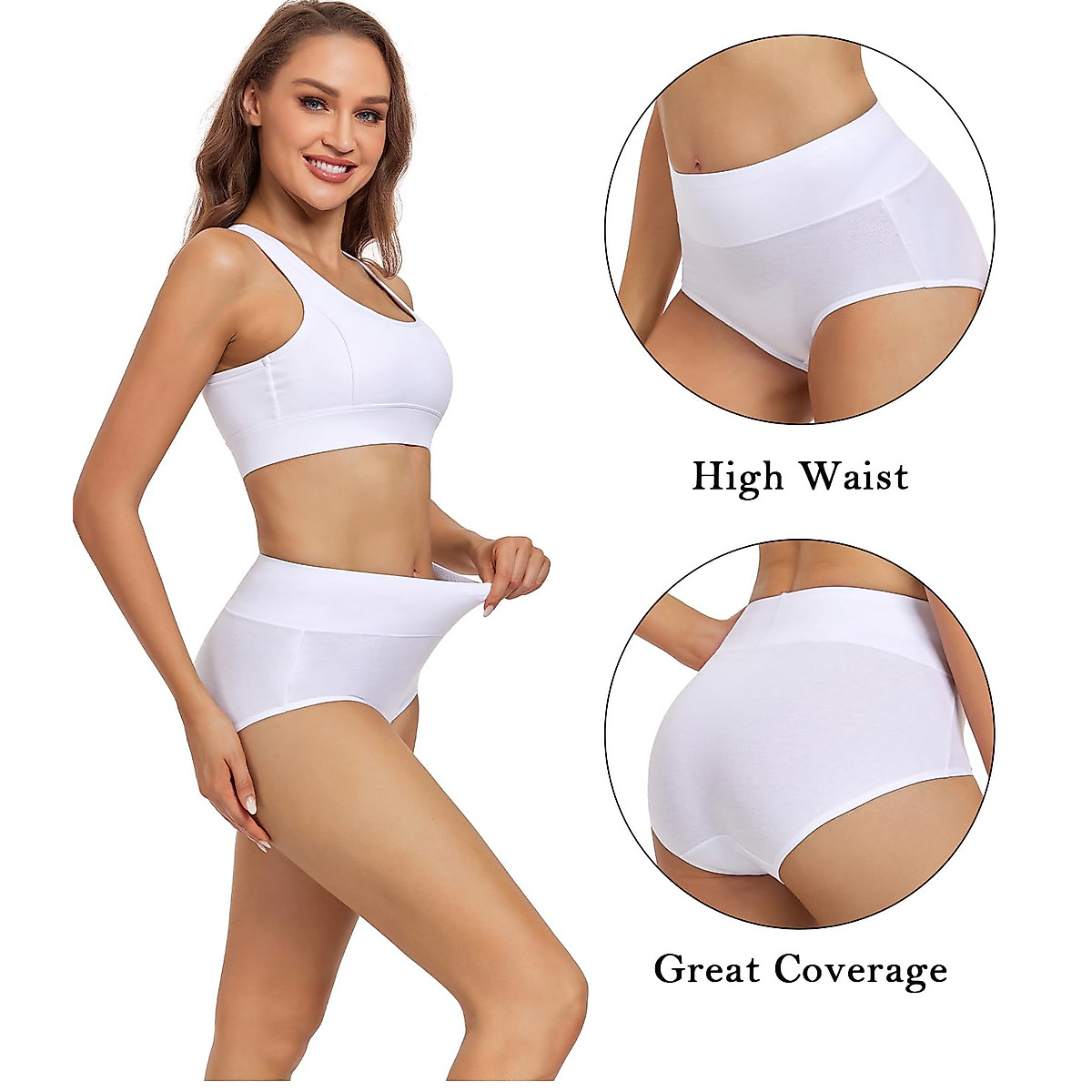 wirarpa Women's Cotton Underwear Panties High Waisted Full Briefs 4 Pack Ladies No Muffin Underpants White X-Large