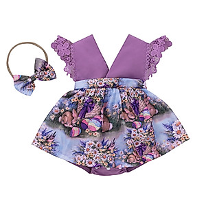 Newborn Infant Baby Girl Easter Outfit Toddler Lace Sleeveless V Neck Romper Bunny Print Dress+Headband Summer Clothes (Purple, 3-6 Months)