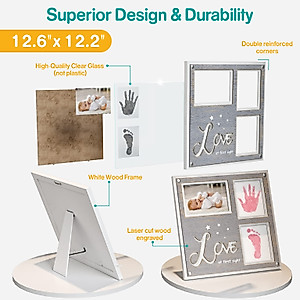 1Dino Premium Baby Handprint and Footprint Kit - 12.6” x 12.2" White/Grey Wood Picture Frame - Includes 2X Clean Touch Ink Pad Pink for Baby Hand and Footprints - Registry for Baby, Baby Shower Gifts