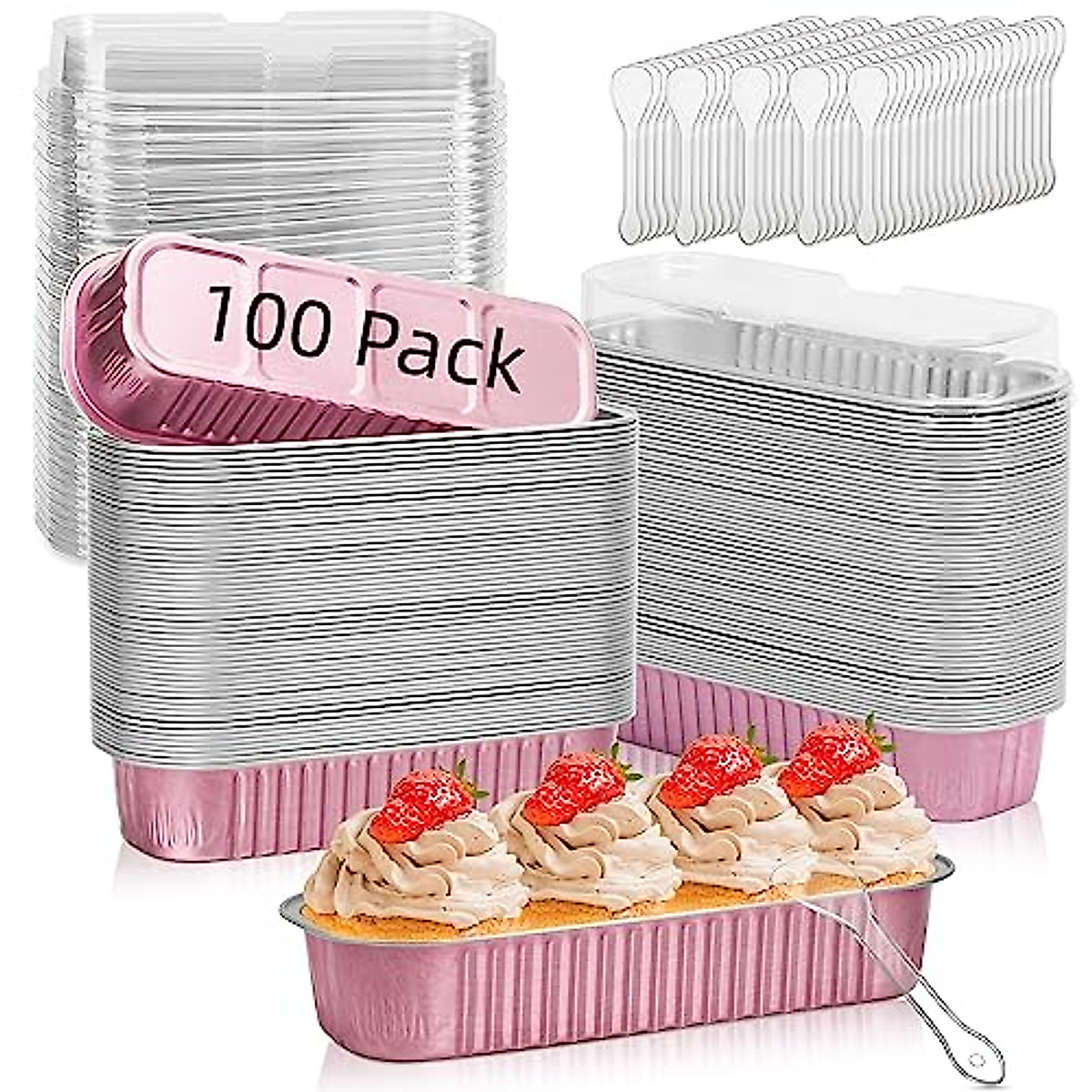 Ruckae 100 Pack Mini Loaf Pan Mini Loaf Baking Pans with Lids and Spoons,Disposable Aluminum Foil Pans, Rectangle Tin Foil Pans with Lids for Home, Pary, Picnics (Pink)