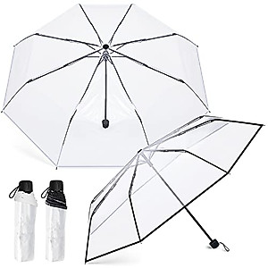 2 Pcs Clear Umbrella Transparent Portable Umbrella Compact Foldable Umbrella Manual Open Close Folding Umbrellas for Wedding Travel, Dating(Black, White)
