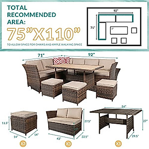 MEETWARM 7 Pieces Wicker Patio Furniture Set Outdoor Conversation Set All Weather Rattan Sectional Sofa Couch Garden Dining Table Chair Set with Ottoman (Brown)