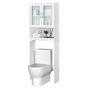 Yaheetech Over The Toilet Storage Cabinet with Double Tempered Glass Doors and Adjustable Shelf, Freestanding Bathroom Storage Rack, 66 Inches Height