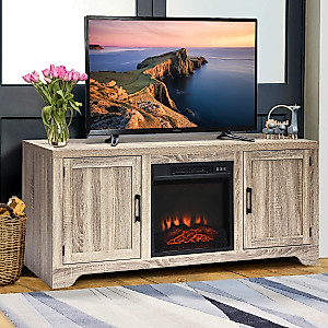 Tangkula 65" TV Stand, Storage Cabinet Console, Television Console, Media Component TV Stand with Adjustable Shelves. Suitable for 18" x 17" Fireplace (not Included) (Grey)