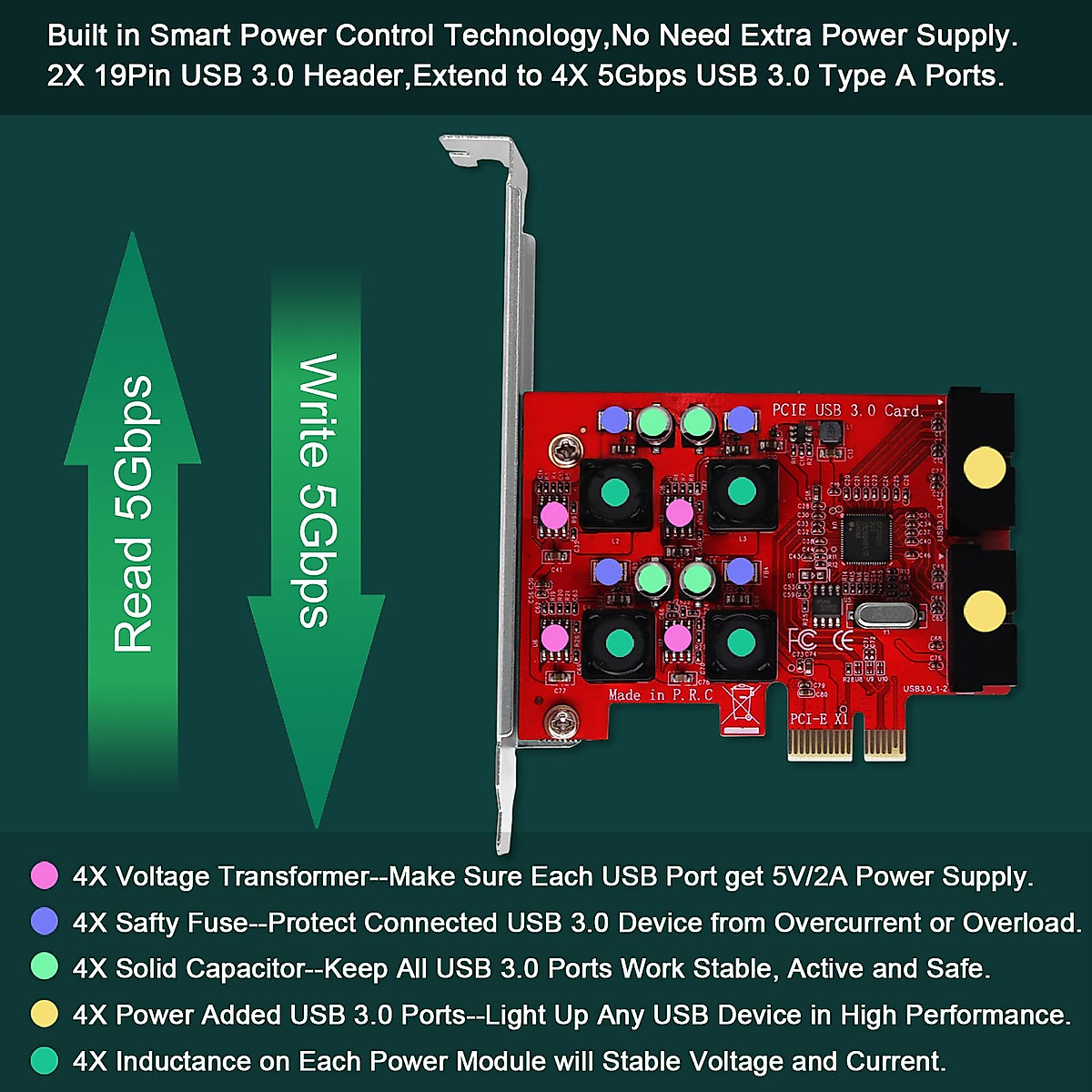 LTERIVER PCIE to 2X 19Pin USB 3.0 Header, PCIE Superspeed USB 3.0 5Gbps Expansion Card for Windows 11, 10, 8.1, 8, 7, XP (32/64bit) Desktop PCs, Built in Smart Power Control Technology (PCE-IN4)