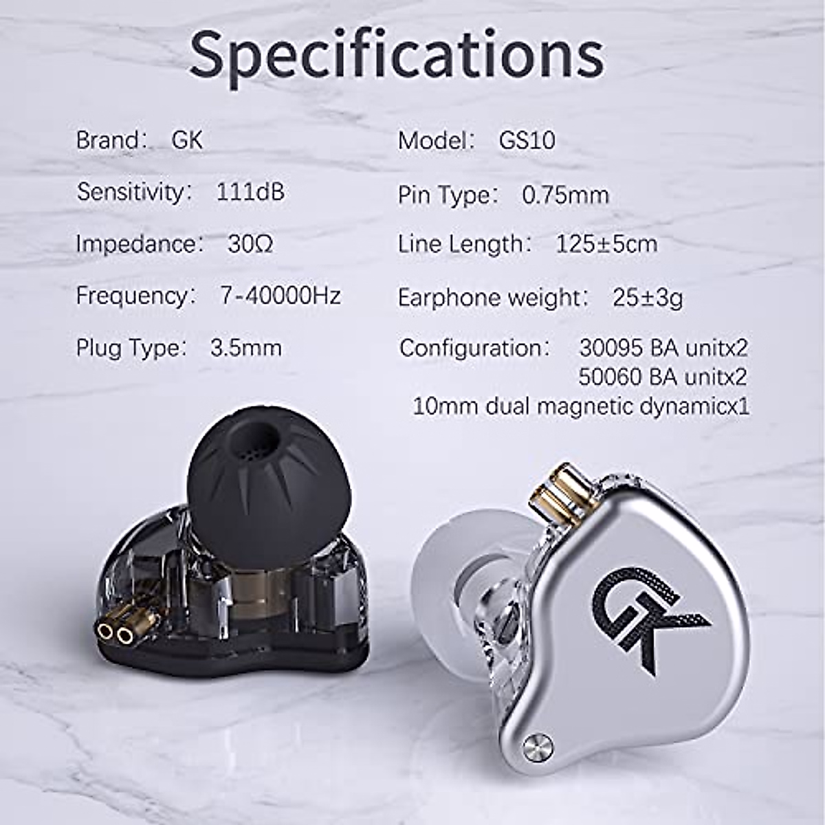 GK GS10 in-Ear Earphones Wired, Wired Earbuds, HiFi Professional Stereo Deep Bass Noise Isolating Sport IEM Earbuds with Detachable Cables No Mic