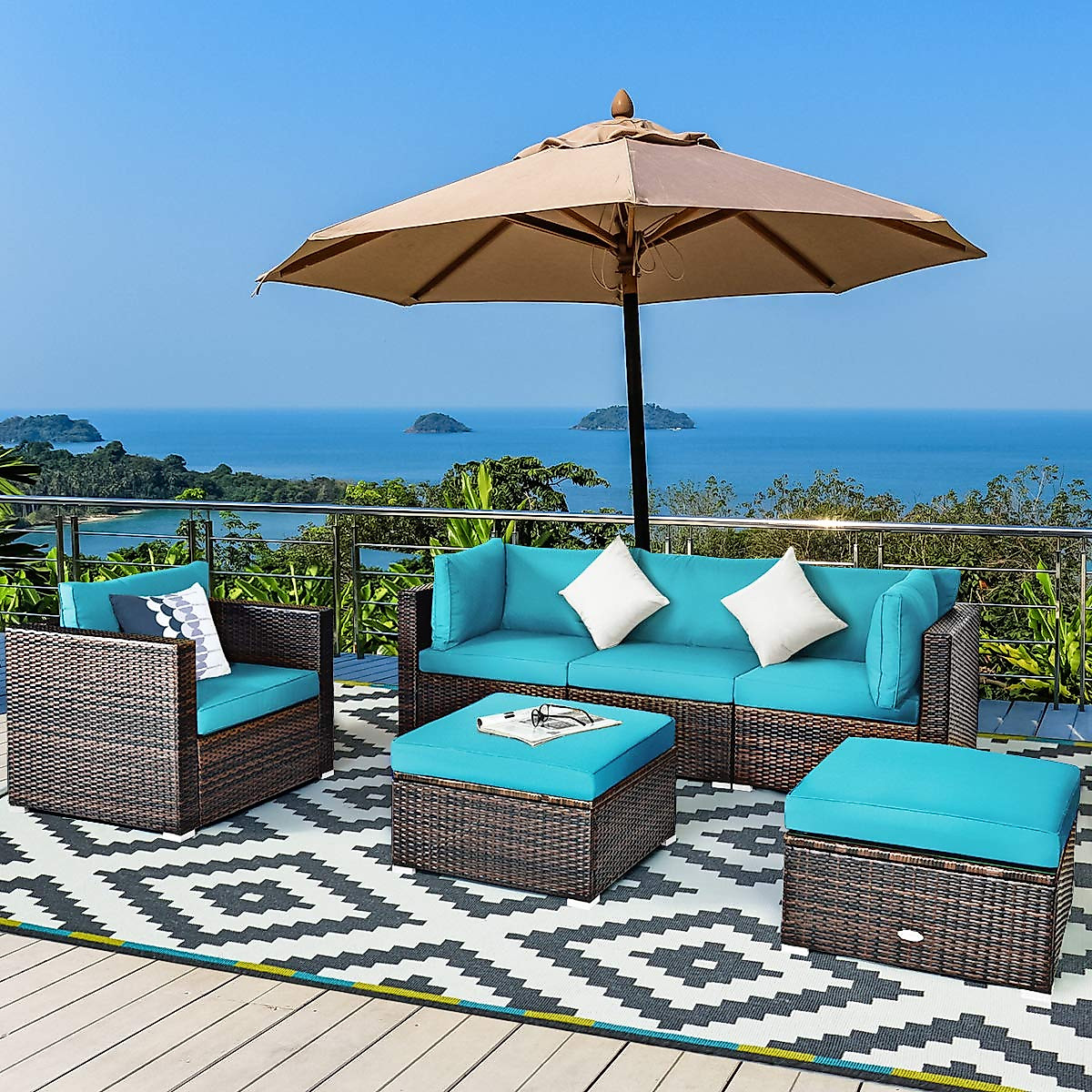 Tangkula 6 Pieces Patio Rattan Sectional Furniture Set, Outdoor Wicker Conversation Set with Glass Coffee Table Sofa Ottoman, Wicker Sofa Set with Back & Seat Cushion for Backyard Garden (Turquoise)