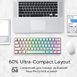 RK ROYAL KLUDGE 60% Mechanical Keyboard RK61 Pro, Wireless Gaming Keyboard Aluminum Frame, BT/Wired RGB Keyboard Bluetooth, PBT 61 Keys Mechanical Keyboard Hot Swappable, Brown Switch, White