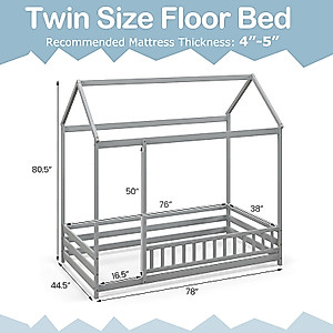 Giantex Twin Floor Bed with Fence, Wood Montessori Bed with Safety Guardrails and 80.5" High Roof Design, Without Slats, House Bed Frame, Low Floor Bed Twin for Kids, Girls, Boys (Grey)