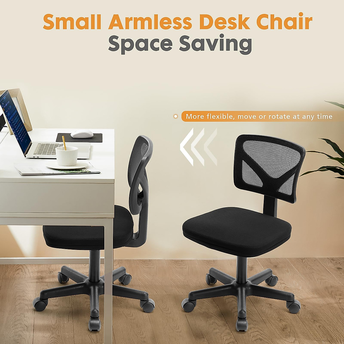 Sweetcrispy Armless Desk Chair - Small Home Office Chair with Wheels, Mesh Low Back Task Chair with Lumbar Support and Wheels, Adjustable Height 360° Rolling Swivel Computer Chair Without Arm