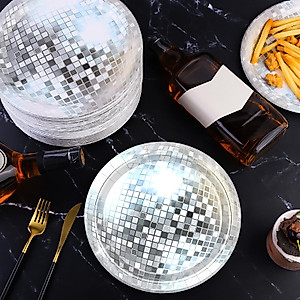 durony 150 Pieces Silver Disco Ball Paper Dinner Plates 70s Silver Foil Disposable 9-Inch Plates 80s 90s Disco Paper Tableware for Disco Bachelorette Groovy Birthday Wedding Party Decorations