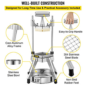 VEVOR Commercial Vegetable Fruit Chopper, Stainless Steel French Fry Cutter w/ 4 Blades 1/4" 3/8" 1/2", Vegetable Chopper Dicer w/Stainless Bowl, Heavy Duty Cutter for Potato Tomato Onion Mushroom