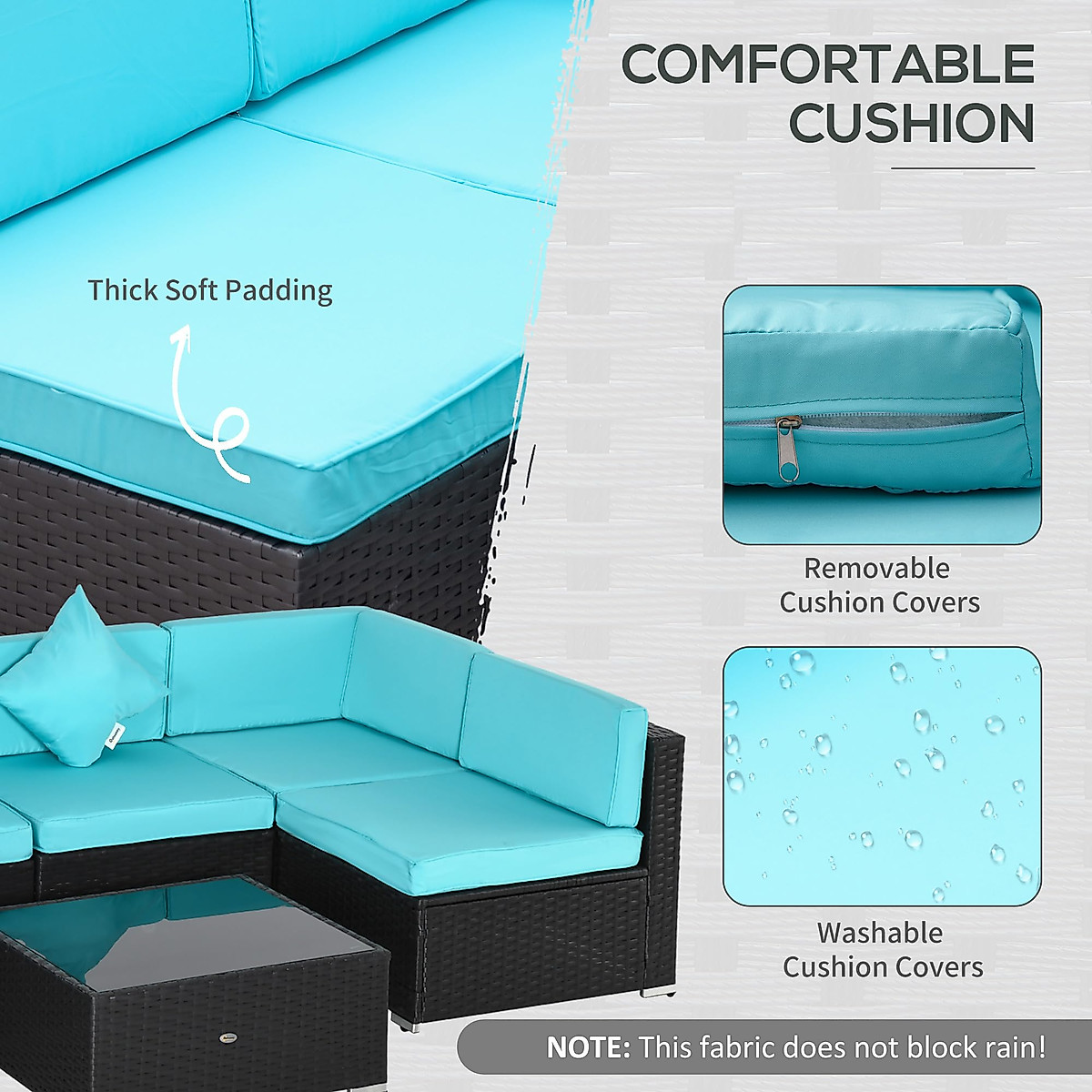 Outsunny 7-Piece Patio Furniture Sets Outdoor Wicker Conversation Sets All Weather PE Rattan Sectional Sofa Set with Cushions & Tempered Glass Desktop, Turquoise
