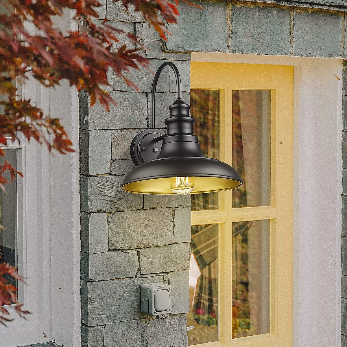 Dusk to Dawn Sensor Outdoor Barn Light Fixture, 12.3 Inch Dome Outdoor Wall Sconce Farmhouse Wall Mount Lights Exterior Gooseneck Light Fixture Black Finish Industrial Wall Lantern for Porch, 2Pack