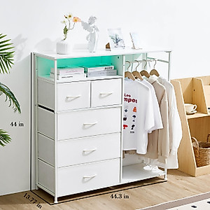 White Dresser for Closet,Dresser for Kids Bedroom, Dresser with Hanging Rack, Clothes Dresser with Clothes Rack, White Bedroom Dresser with 5 Fabric Chest of Drawers with PU Storage Organizer