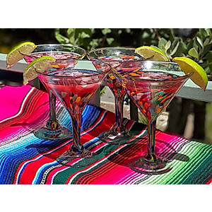 Dos Sueños Mexican Hand Blown Glass – Set of 4 Hand Blown Modern Margarita Glasses - Confetti Carmen (12 oz)