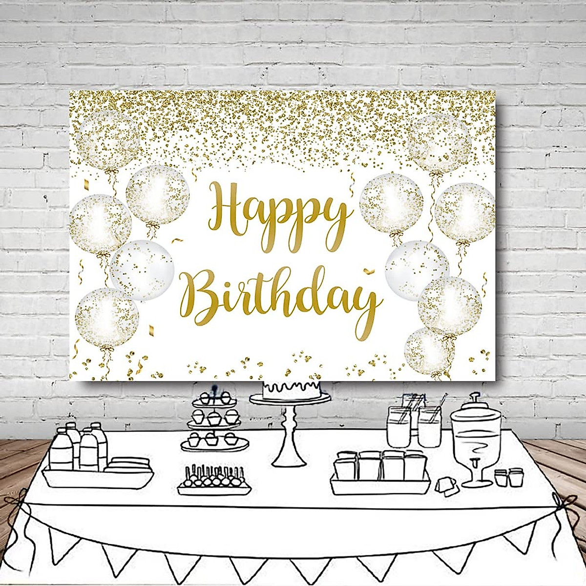 MEHOFOND 10x7ft White Gold Balloons Birthday Party Backdrop Confetti Balloons Gold Glitter Spots Girl Princess Bday Background Decoration Supplies Photo Booth Props