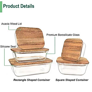 Urban Green Glass Food Container with Wood Lid, Glass food storage Container with Lids, Glass Meal Prep Containers Set, Glass Food Containers set (Wood Lid of 5 Pack)