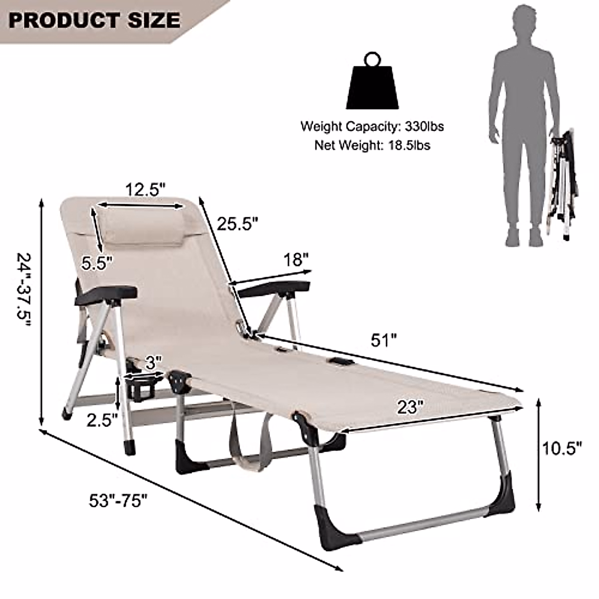 Giantex Patio Chaise Lounge Chair 7 Adjustable Position Folding Camping Cot, Outdoor Lounger with Cup Holder, Detachable Pillow, Beach Sleeping Recliner for Poolside, Lawn Sunbathing Chair (1, Beige)