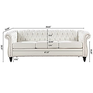 FANYE 84.65" 3-Seaters Chesterfield Clasic Luxury Roller Armrest Soild Wood Legs Sectional,Button Tufted PU Leather Upholstered Modular Sofa Couch with Reversible Cushions & Nailhead Decor, White