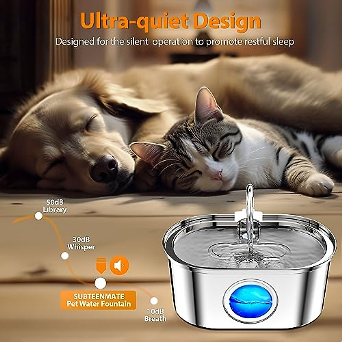 subteenmate Cat Water Fountain with Water Levels Window, 3.2L/108oz, Pet Water Fountain Stainless Steel Dog Water Dispenser, Ultra-Quiet Pump, Water Fountain for Cats Inside 3 Replacement Filters