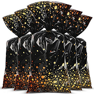 100 Pieces Plastic Party Treat Bags Foil Dot Cellophane Candy Goody Treat Bags with 100 Gold Twist Ties for Christmas Near Year Birthday Retirement Cocktail Wedding Party Supplies(Black Gold)