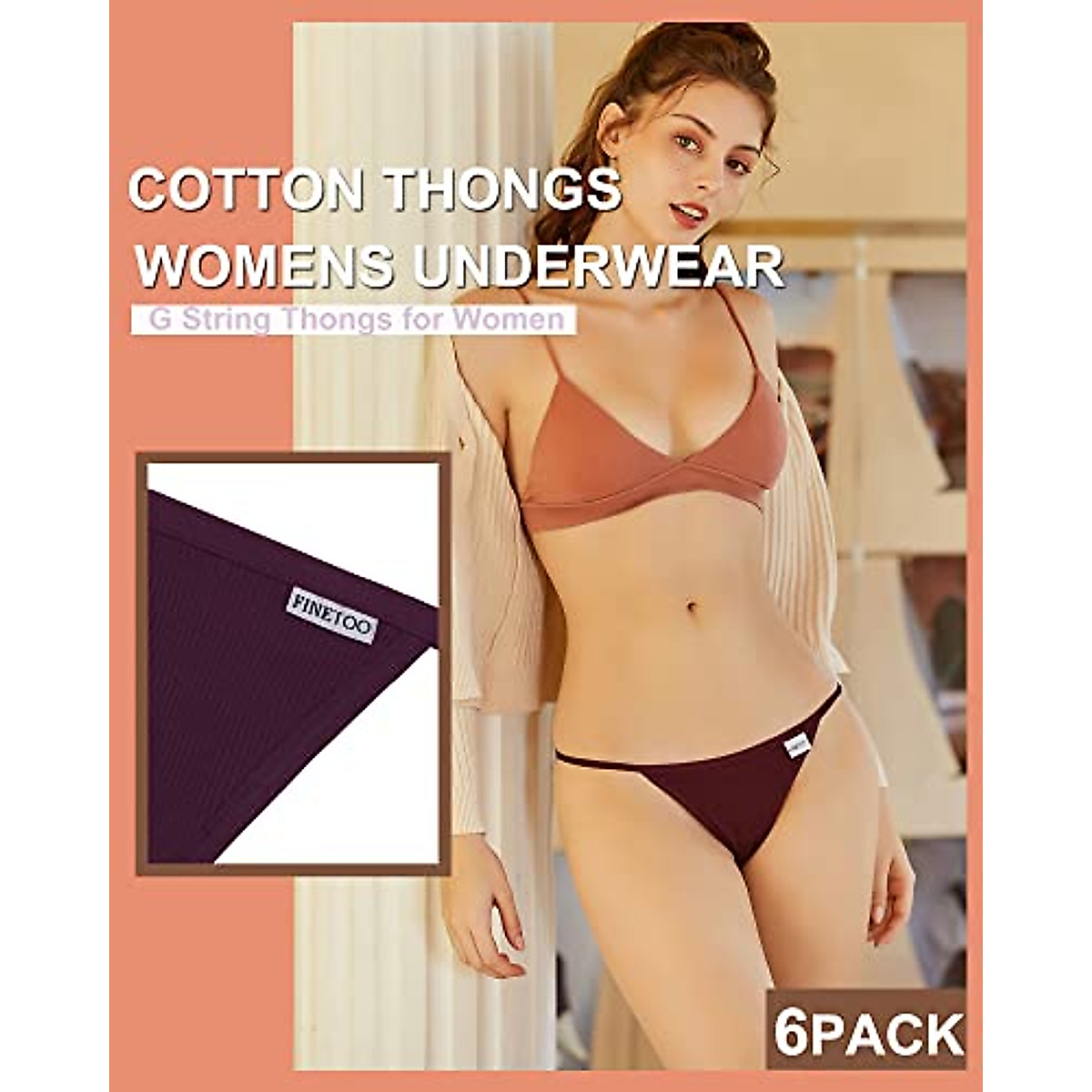 FINETOO 6 Pack G String Thongs for Women Cotton Panties Low Rise Stretch T-back Tangas Sexy Underwear Womens S-XL