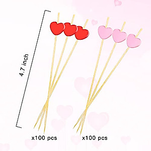 YSSAI 200 Counts Heart Cocktail Picks Red Pink Heart Fancy Toothpicks 4.7 Inch Handmade Bamboo Cocktail Skewers Sticks for Valentine's Day Wedding Mother's Day Birthday Baby Shower Party Supplies