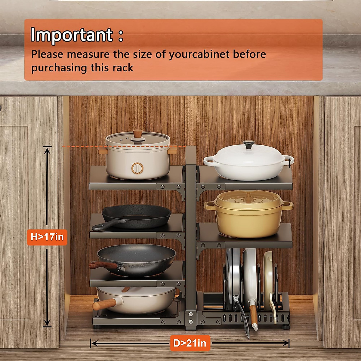 OUTIOE Heavy Duty Pots and Pans Organizer under Cabinet, 7-Tier Adjustable Pan Organizer Rack for Kitchen Cabinet Organizers and Storage (Black)