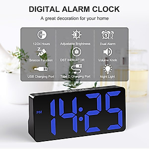 Loud Alarm Clock for Bedrooms - Small Digital Desk Clock with Large Display, TypeC&USB Charger, Dual Alarms, Dimmers, Snooze, Battery Backup, Night Light Compact Clock for Heavy Sleeper, Adults, Kids
