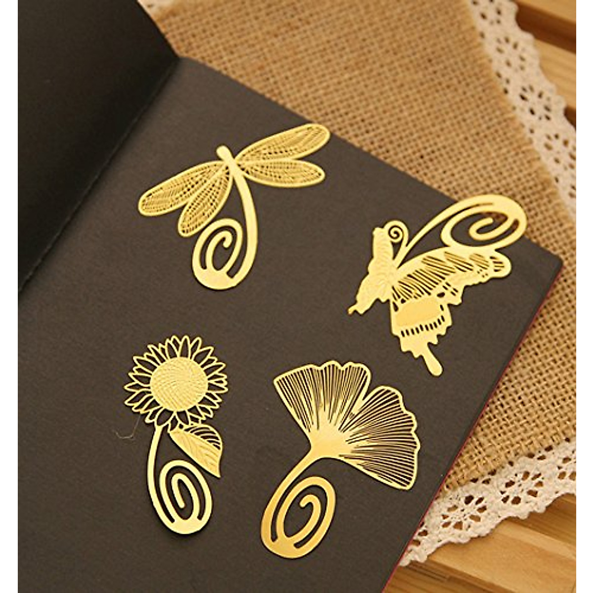 yueton Pack of 8 Cute Cartoon Art Feather Butterfly Dragonfly Gingkgo Monkey Pred Perry Sunflower Olive Branch Metal Gold Bookmarks Book Mark Reading New Novelty + Free Gift