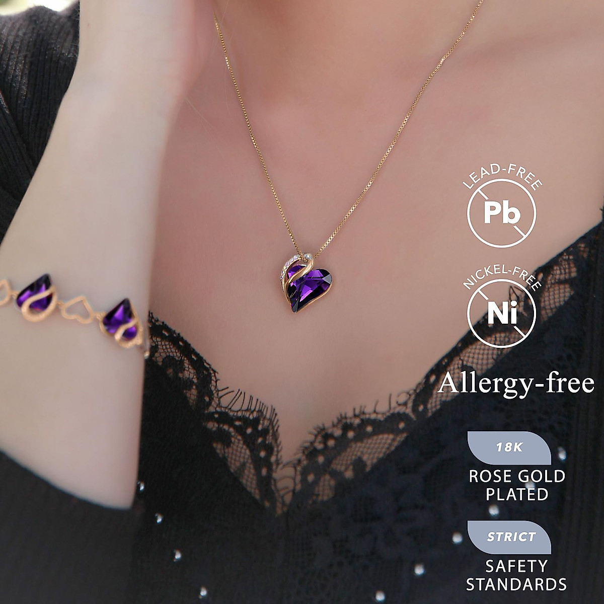 Leafael Rose Gold Plated Necklace for Women: Heart Shaped Dark Amethyst Pink Crystal Center, February Birthstone, Dazzling Cubic Zirconia, Hypoallergenic Chain (18"+2"), Jewelry Gifts for Her
