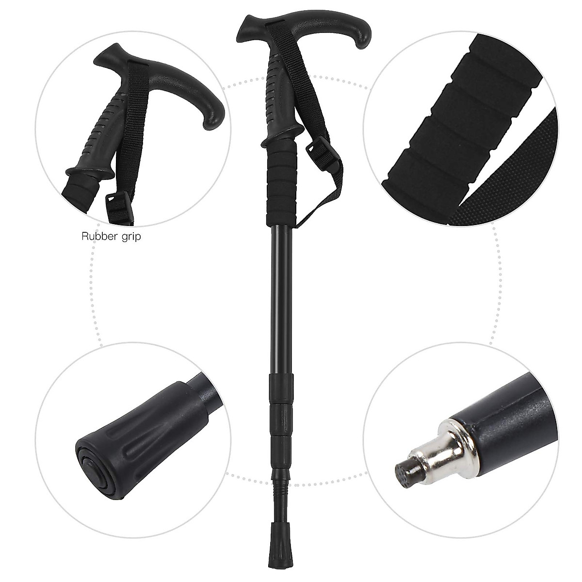Portable Trekking Pole, Outdoor Walking Stick High Strength Aluminum Alloy Hiking Poles Anti‑Slip Canes for Elderly(Black) Trekking Poles