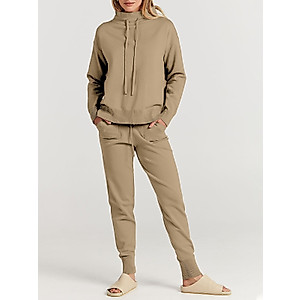 ANRABESS Women Two Piece Outfits Turtleneck Pullover Top Cozy Knit Sweater Pants Lounge Set 2024 Fall Sweatsuit Sweatsuits Khaki Medium