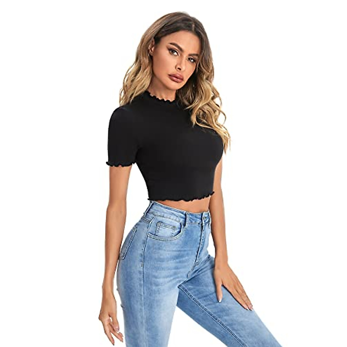SweatyRocks Women's Lettuce Trim Ribbed Knit Short Sleeve Crop Top T-Shirt Black S