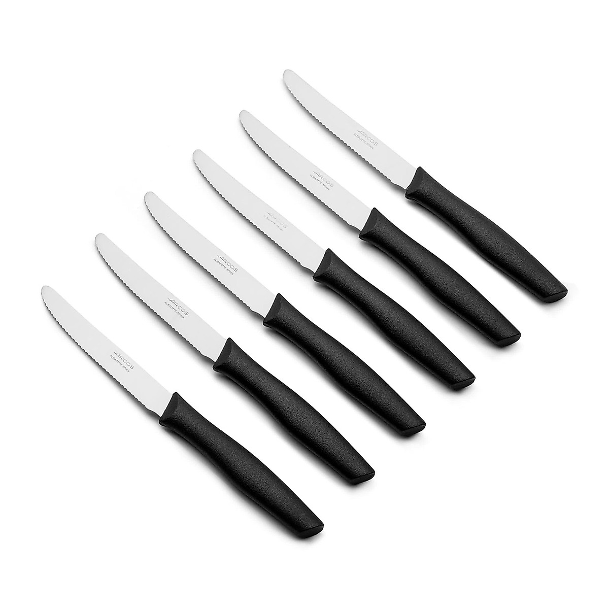 ARCOS Steak knife Set of 6 Pieces. Serrated Utility Knives Set. Ergonomic Polypropylene Handle. 4 Inch Nitrum Stainless Steel and 110 mm blade. Series Nova. Can be used effortlessly.