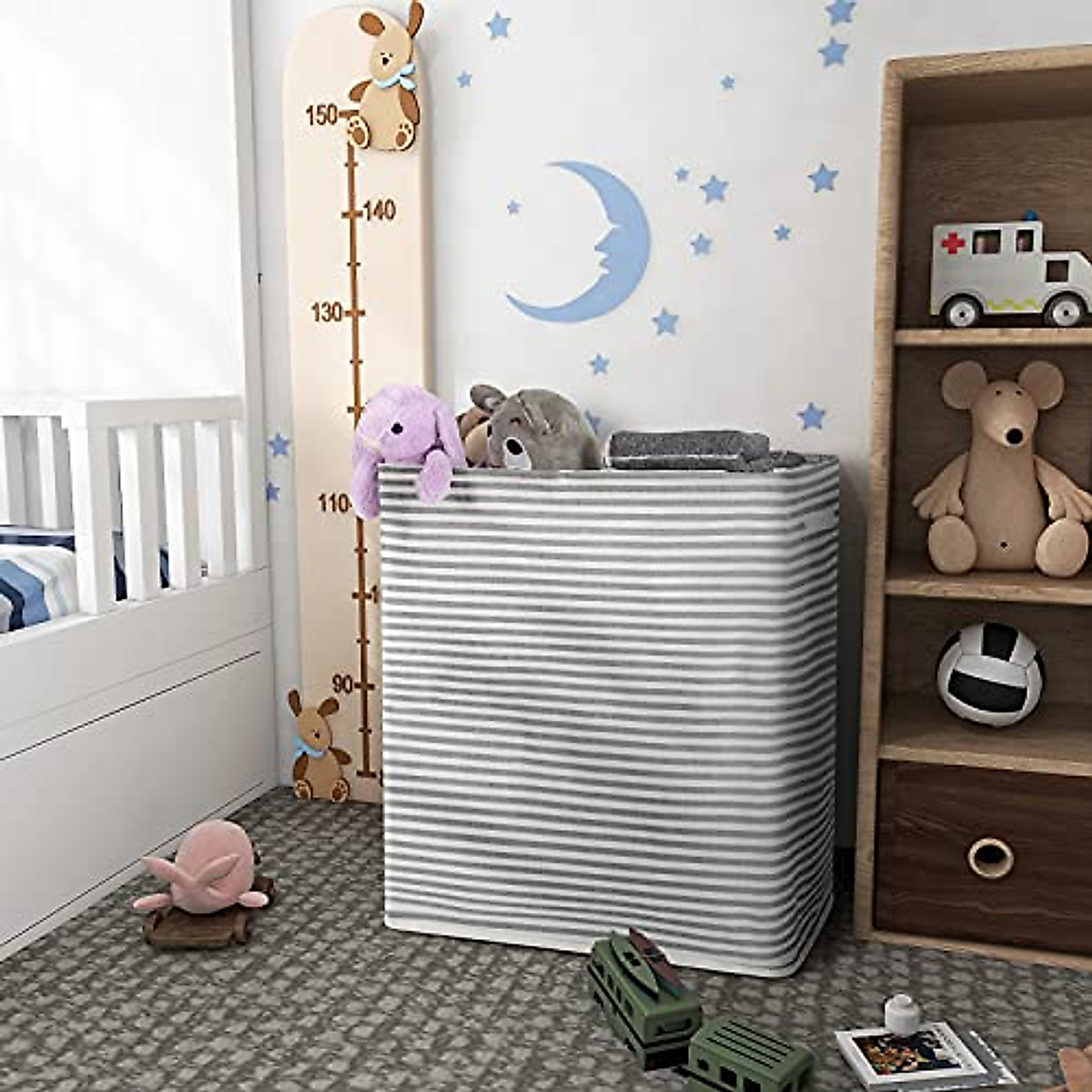 WOWLIVE 115L Freestanding Laundry Hamper Divided Collapsible Large Laundry Basket 2 Removeable Liner Bags Dirty Clothes Hamper with Extended Handles Easy to Carry (Striped Grey)