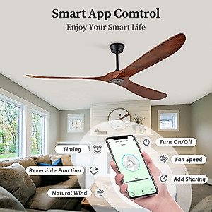 Chriari 70'' Ceiling Fan with Remote/App/Voice Control, Wood Ceiling Fan with 3 Walnut Blades and Reversible DC Motor, Supports 5 Speeds and Smart Timing, Compatible with Alexa/Google Assistant