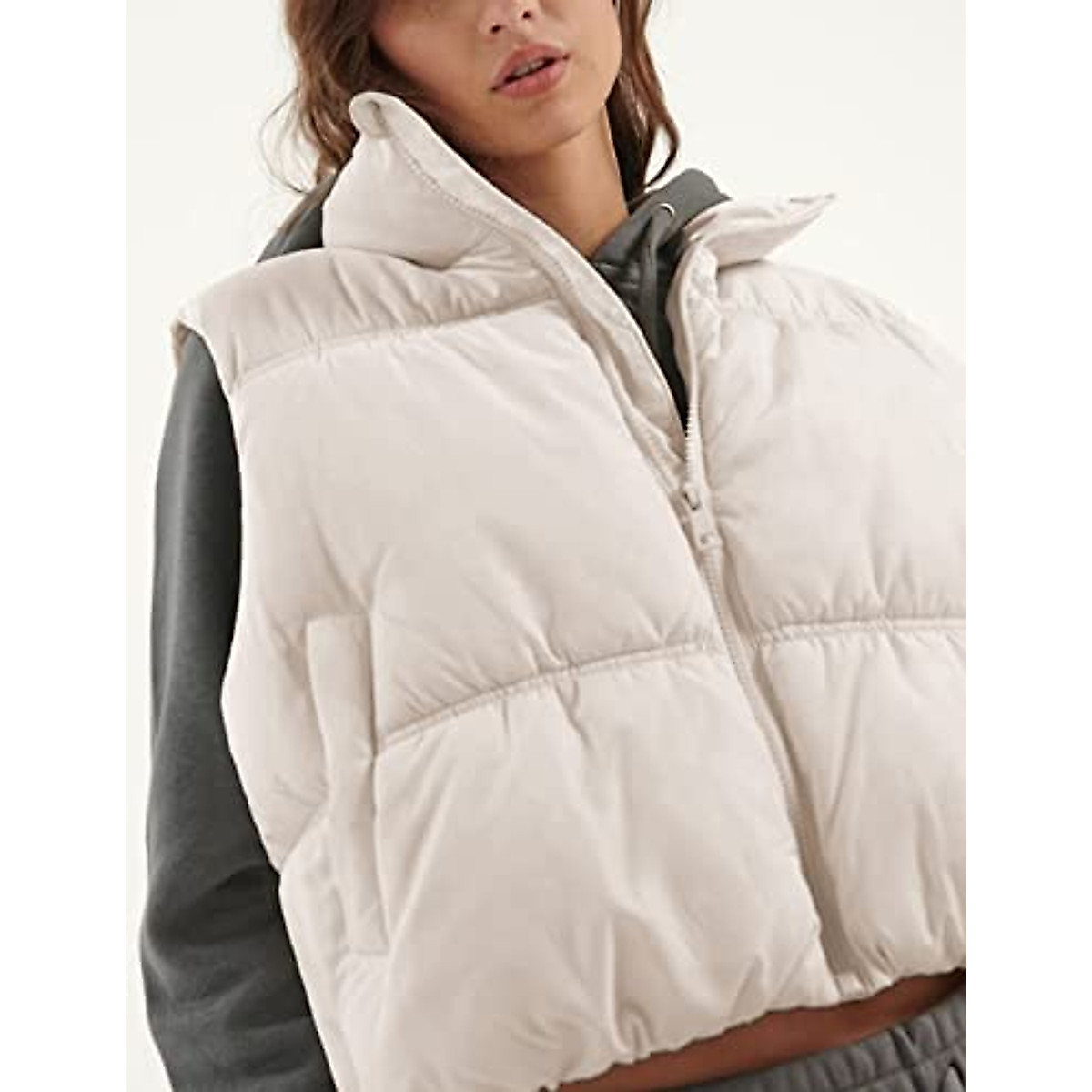 EsheSy Women's Cropped Puffer Vest Stand Collar Full Zip Sleeveless Warm Padded Jacket(Beige-L)