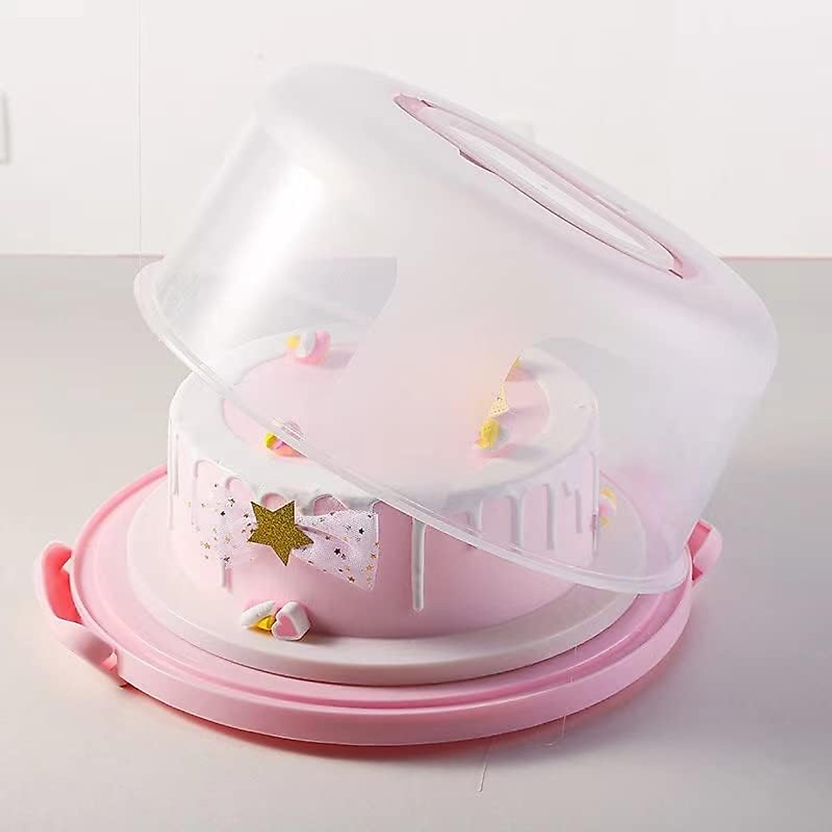 NVAZIOP 10 Inch Cake Carrier Stand Round Holder Storage with Lid and Handle for Transport Storage Container Tray Cake Cover Stand Cupcake Containers Keeper Kitchen Cooking Box Large (Pink)