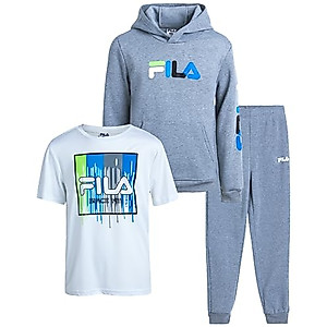 Fila Boys' Active Sweatsuit Set - 3 Piece Performance Hoodie Sweatshirt, Jogger Sweatpants, T-Shirt - Activewear Set (8-12), Size 8, Heather Grey
