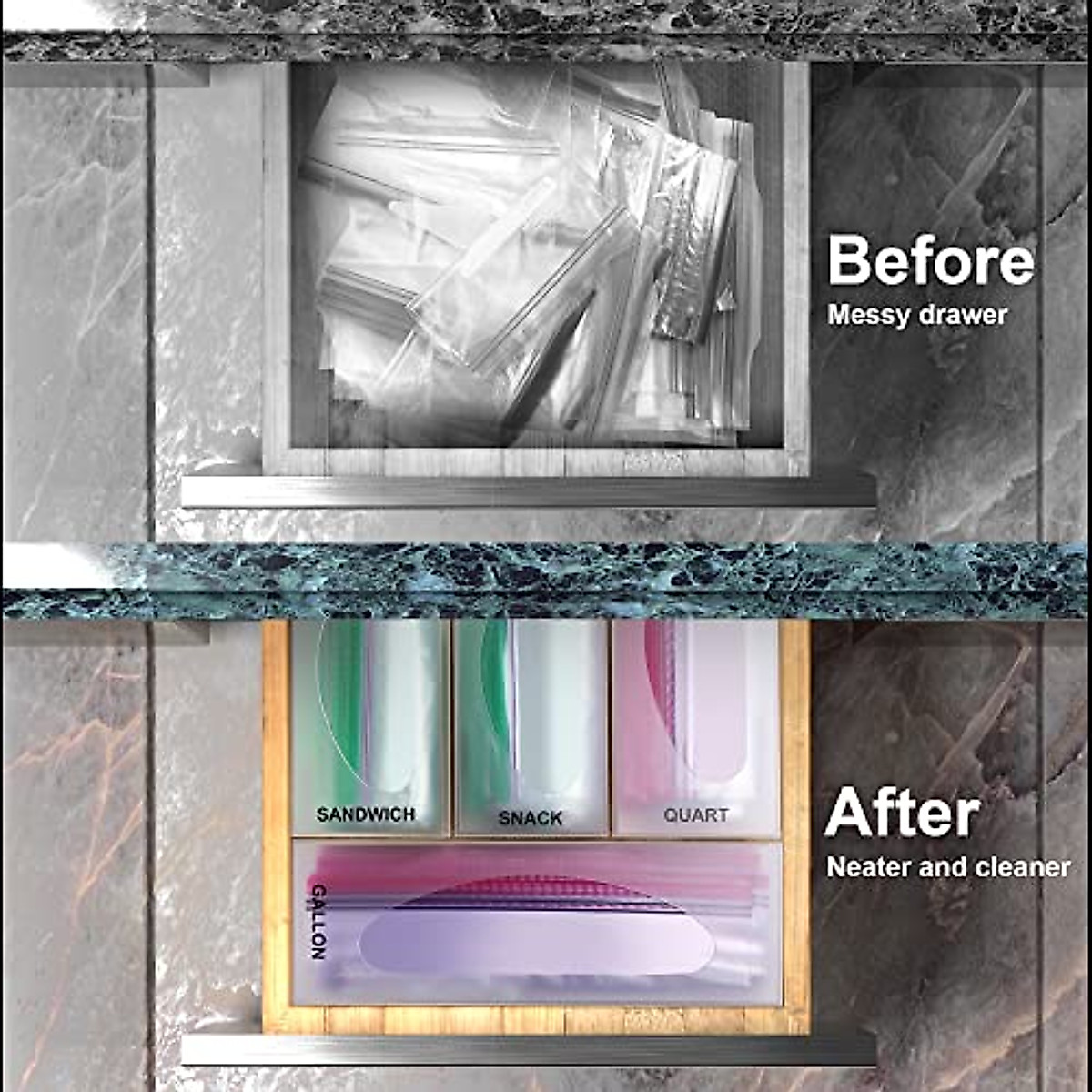 Urvoix Ziplock Bag Storage Organizer, 4 Pcs Acrylic Baggie Organizer, Food Storage Bag Organizer for Kitchen Drawer Compatible with Gallon, Quart, Snack, Sandwich Variety Size Bags