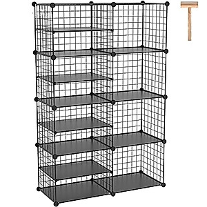 C&AHOME Wire Cube Storage Unit, Interlocking Metal Wire Organizer with Divider Design, Modular Cabinet with Plastic Panels, Bookshelf Stackable Closet Organizer with Small Hooks, Black UWCSIM08B