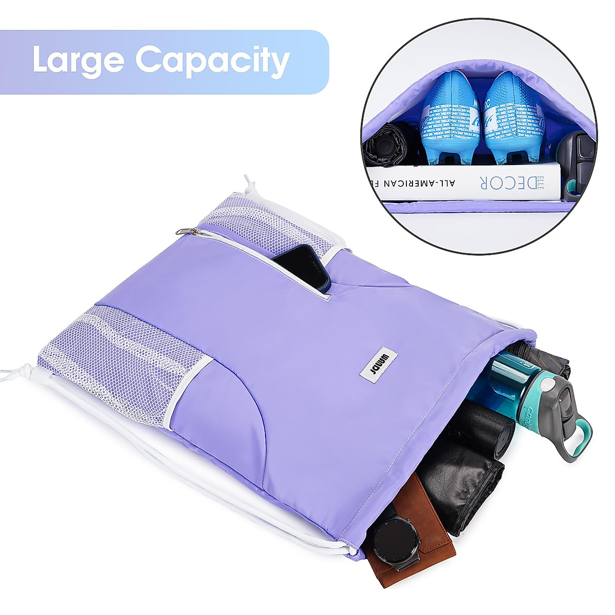 WANDF Drawstring Backpack Sports Gym Sackpack with Mesh Pockets Water Resistant String Bag for Women Men (Purple)